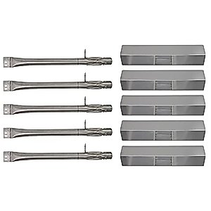 5-Pack BBQ Gas Grill Tube Burner & Heat Shield Plate Tent Replacement Parts for Brinkmann 810-4457-F - Compatible Barbeque Stainless Steel Pipe Burners & Flame Tamer, Guard, Deflector, Flavorizer Bar