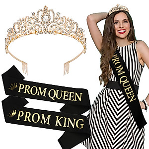 Prom King and Queen Crown Set, Prom King and Queen Sashes Gold Queen Crown, Prom Decorations School Prom, Graduation Party School Party Accessories, Black Satin Sash with Gold Print