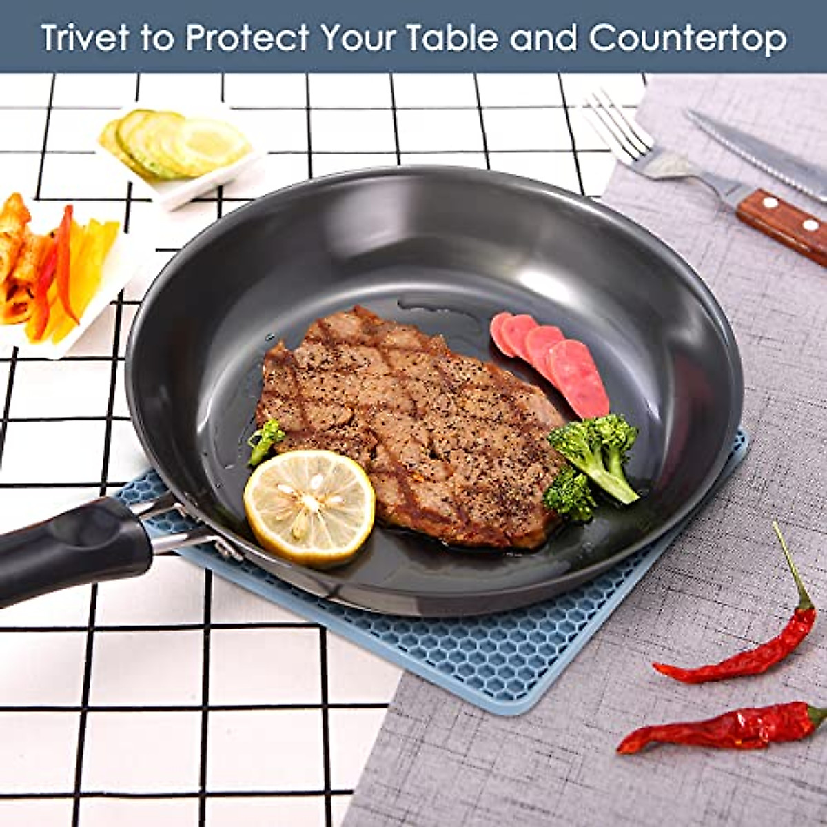 Silicone Trivet Mats, Silicone Pot Holders for Hot Pan and Pot Pads. Heat Resistant Counter Mats for Tables, Countertops, Spoon Rest and Large Coasters, 4 Pack Gray& Blue(2 Squared + 2 Round Mats)