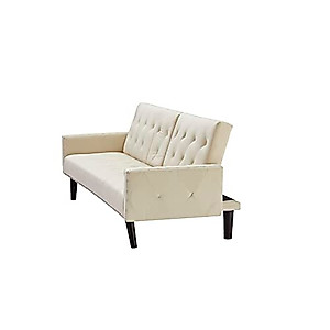 Verfur Button Tufted Convertible Futon Sofa Bed,Modern Velvet Upholstery Sleeper Couch Daybed with 2 Cup Holders and Square Armrests for Small Places Sofabed, Beige 72" with 1 Pillow