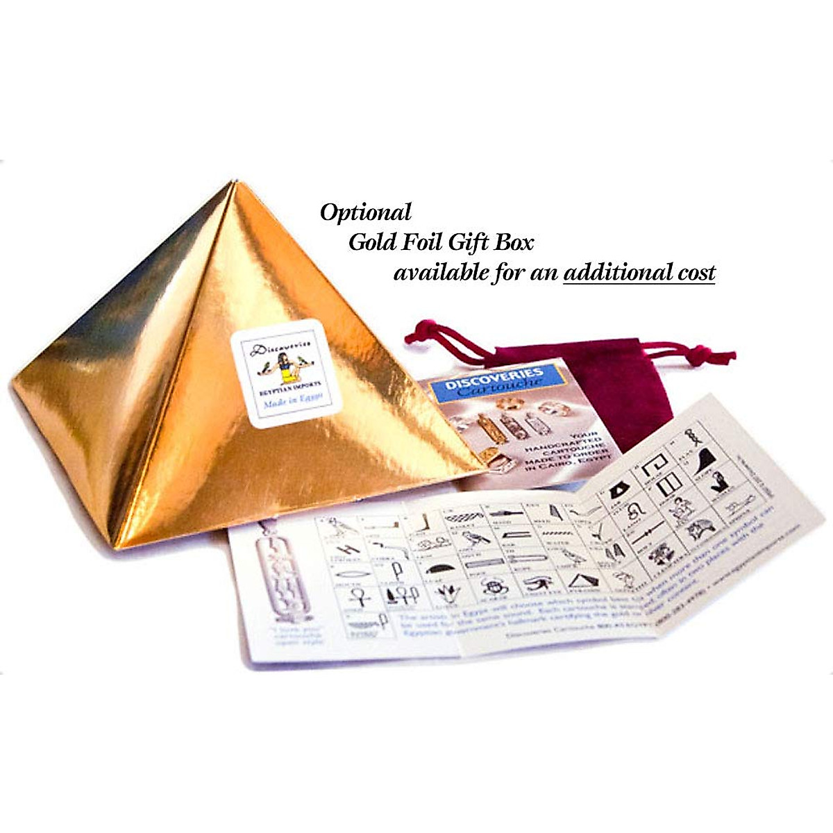 Discoveries Egyptian Imports - Handmade 14K Gold Cartouche with Health, Life and Happiness Translated into Hieroglyphic Symbols - 1-Sided Solid Style - Made in Egypt