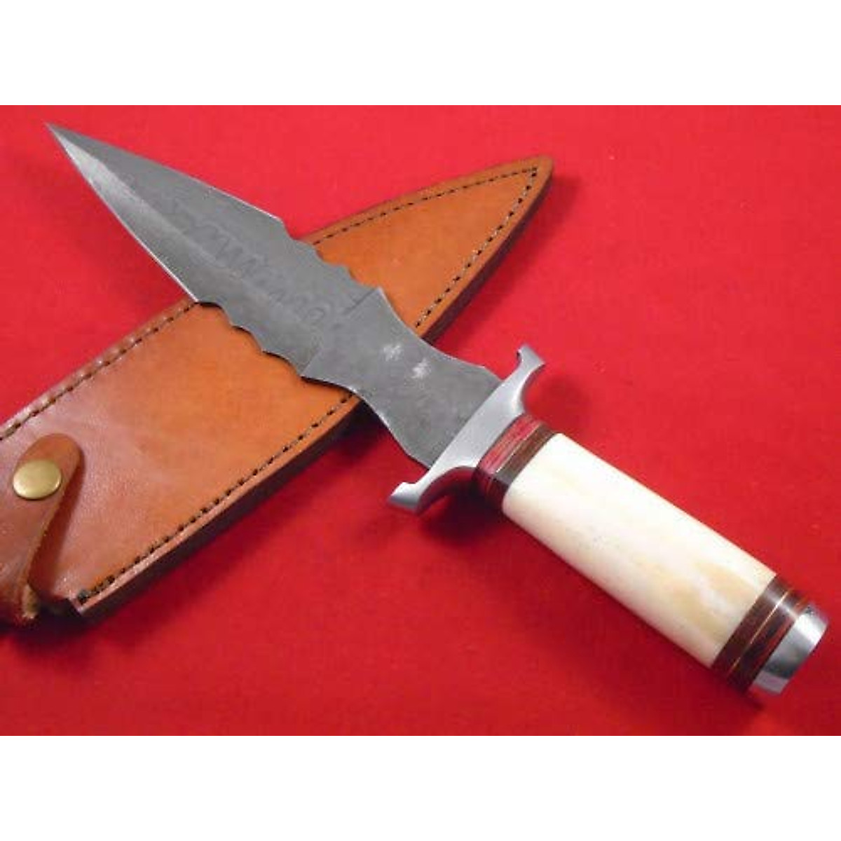 Damascus Steel Custom Handmade 13" Camel Bone Handle Damascus Steel Hunting Knife With Leather Sheath