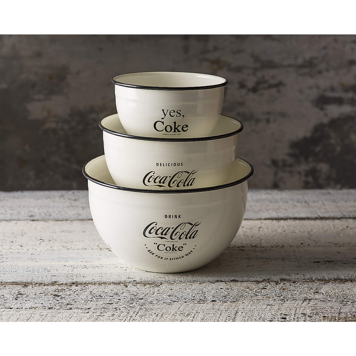 TableCraft's Coca-Cola Enamel Mixing Bowls, S: 7'' dia, M: 8.5'' dia, L: 1.25'' dia, White