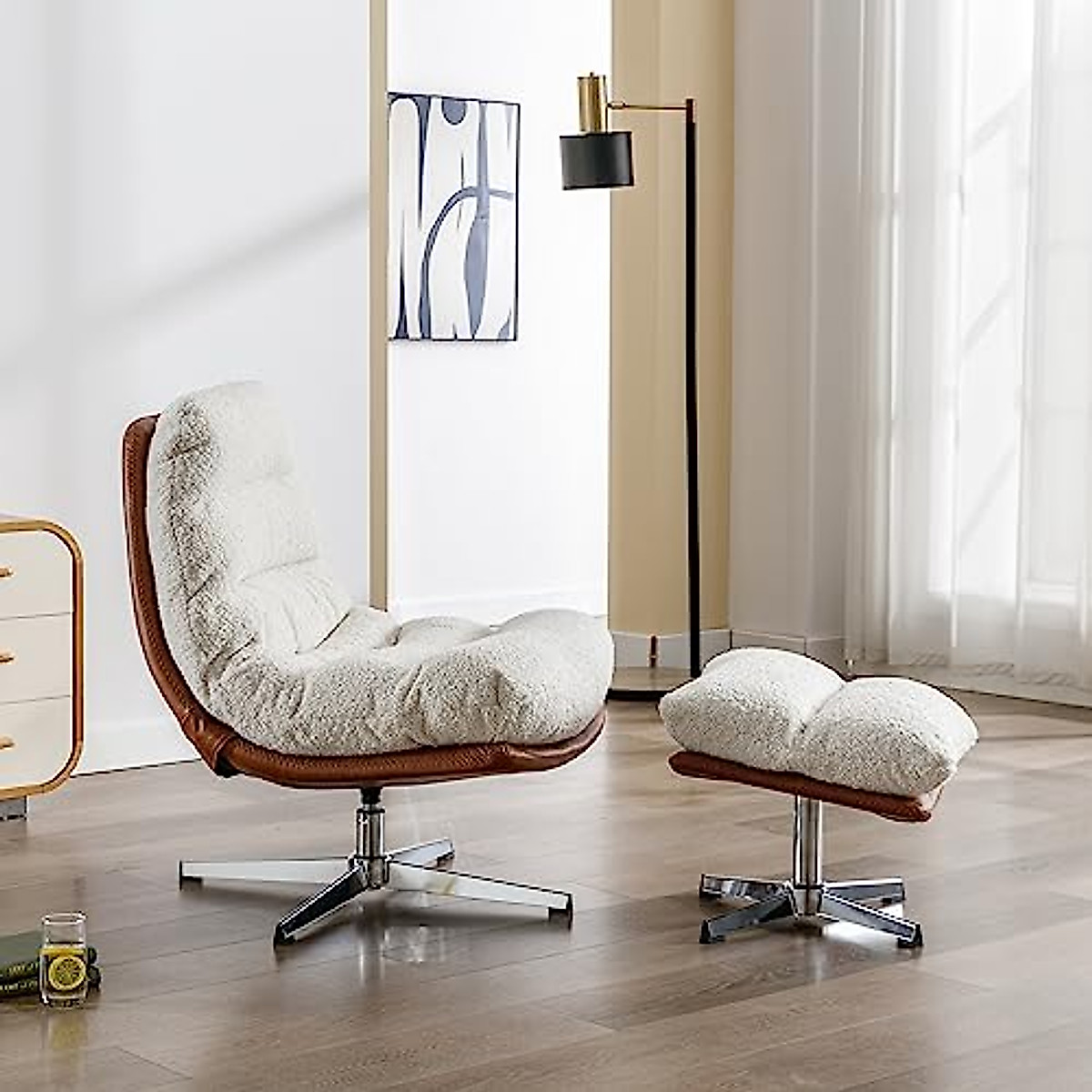 BESTANO Swivel Accent Chair with Ottoman, Mid Century Modern Faux Sherpa Lounge Chair with footrest, Fluffy Oversized Armchair with 360 Degree Metal Base for Living Room/Bedroom, Cream