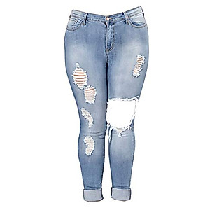 Andongnywell Womens Ripped Hole Skinny Pencil Denim Jeans Stretch Slim Fitness Pants Trousers (Blue,XX-Large)