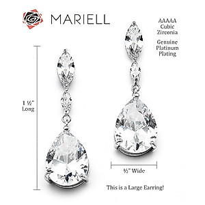 Mariell Cubic Zirconia Crystal Teardrop Dramatic Size Dangle Bridal Earring with Platinum Plating for Wedding, Bridesmaid, Prom Jewelry Gift