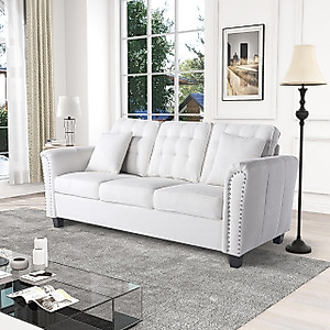 LCH Chesterfield, 86.6” Flare Sofa, Tufted 3 Seater Furniture, Velvet Couch with Scroll Arms and Nailhead for Living Room, Bedroom, Office, Apartment (Beige)