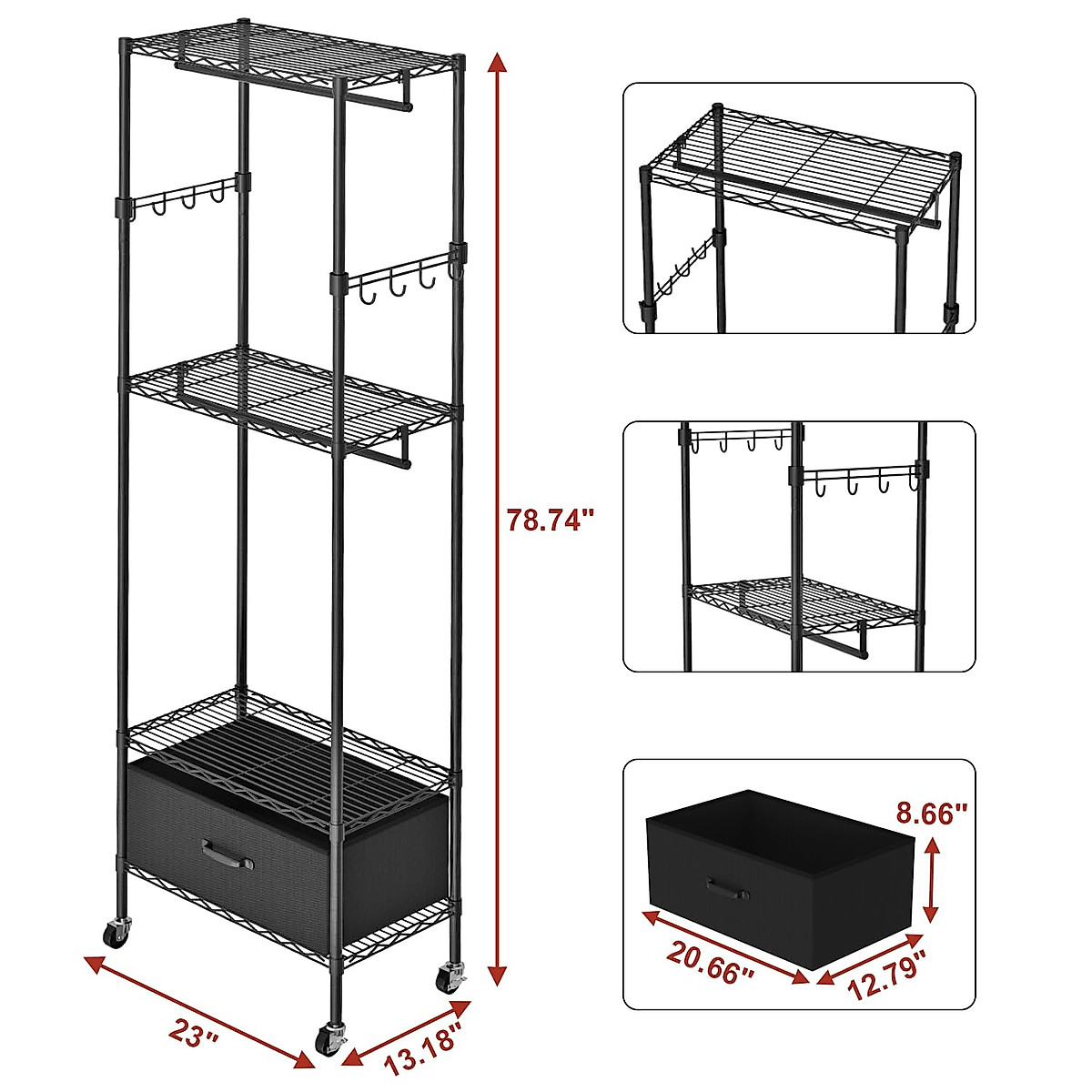 VyGrow Clothes Rack, Clothing Rack for Hanging Clothes, Kids Clothes Rack, 4 Tiers Adjustable Closet Organizer with Drawer | Double Rods | Side Hooks | Load 445lbs | 23" L x 13.18" W x 78.74" H