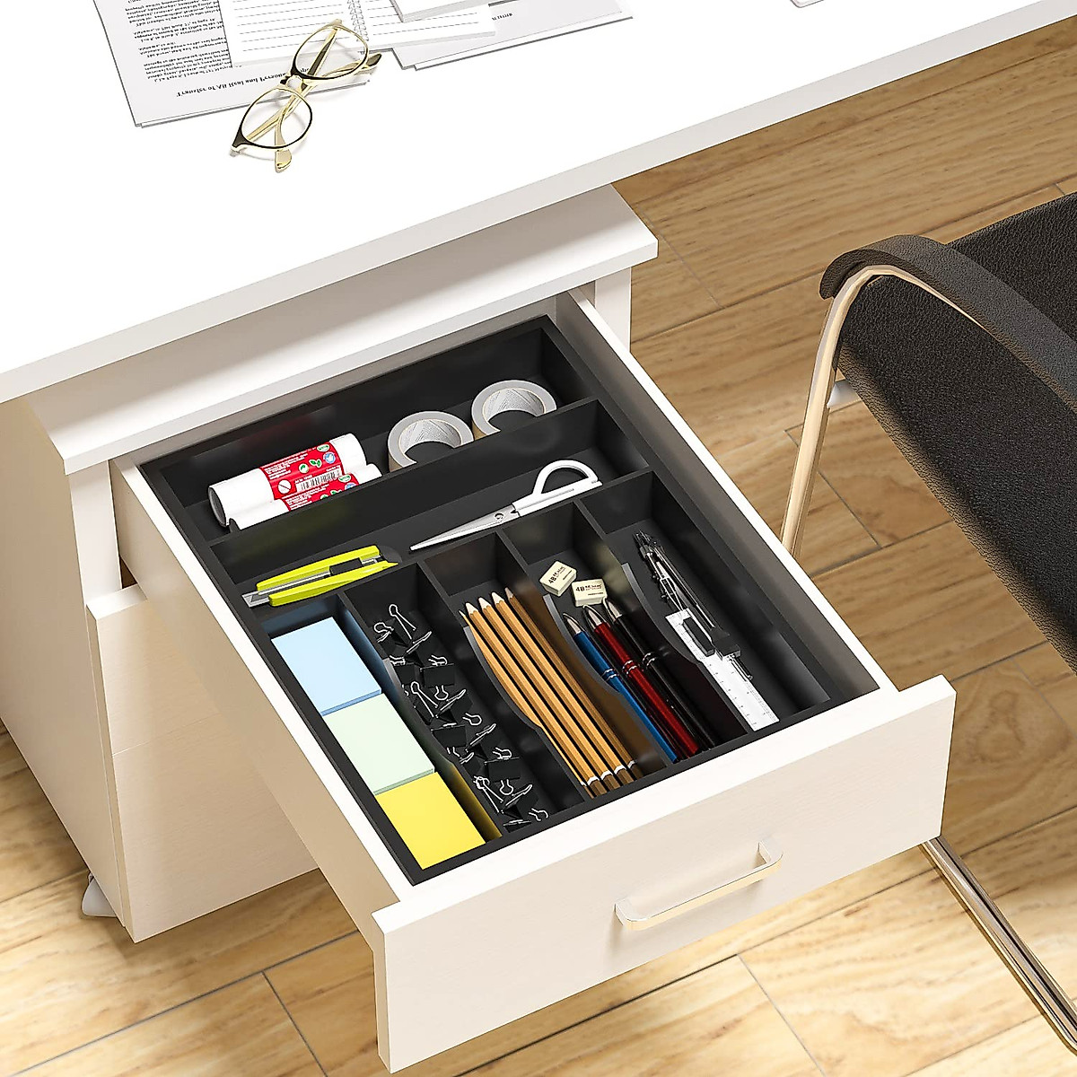 WUSHIZHUHUN Utensil Organizer Silverware Drawer Organizer - 7 Slots Bamboo Silverware Tray For Kitchen Cutlery Office Supplies Makeup Desk Storage Garage Tool Organization W13”x L17” (Black)