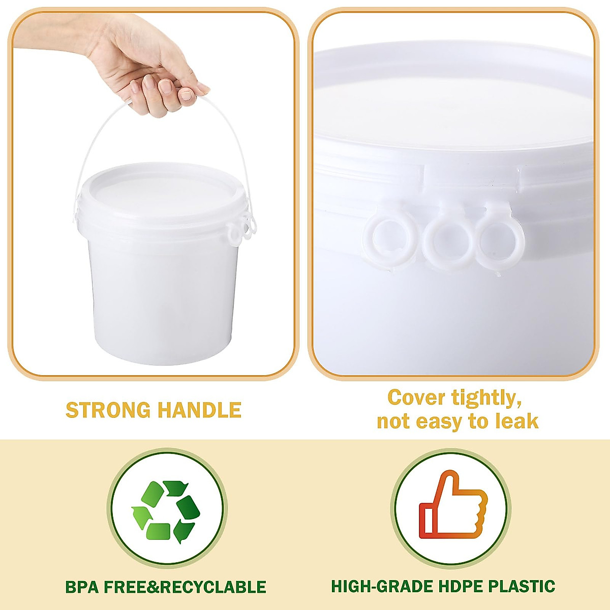 Uiifan 10 Pieces 0.5 Gallon 2 L Ice Cream Buckets with Lids Containers for Homemade Ice Cream Tub Round Plastic Bucket with Handle Food Storage Containers, Freezer, Dishwasher and Microwave Safe