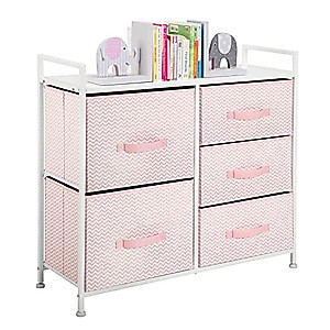 mDesign 30.03" High Steel Frame/Wood Top Storage Dresser Furniture Unit with 5 Removable Fabric Drawers - Tall Bureau Organizer for Bedroom, Living Room, Closet - Spira Collection - Pink/White