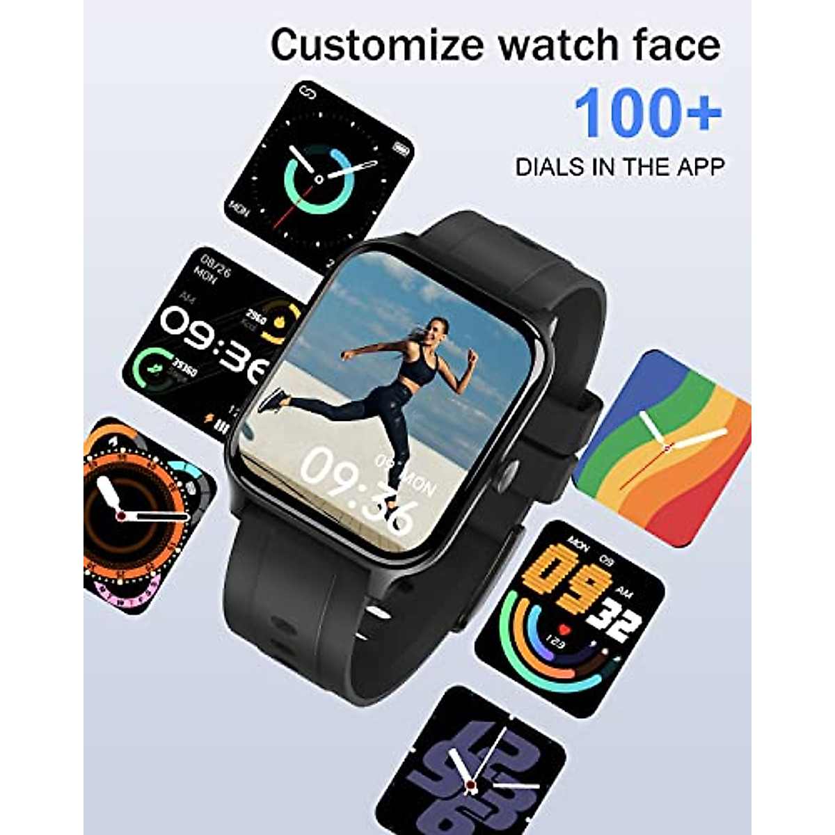 Smart Watch Compatible with iPhone Android Phones 2022, 1.7 inch Watches for Men Women IP68 Waterproof Fitness Tracker with Blood Oxygen/Heart Rate Monitor Sleep Steps Tracker DIY Watch Faces Black