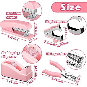 10 Piece Pink Desk Accessory Kit Includes Stapler with Staples Tape Dispenser Staple Remover Single Hole Punch Paper Clips Scissors Tape Measure Small Telescopic Knife Cute Office Desk Accessories