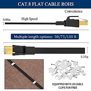 DEEGO Cat 8 Ethernet Cable 50 ft, High Speed Flat Network Cable Shielded, 40Gbps 2000MHz LAN Ethernet Cable U/FTP 30AWG with Gold Plated RJ45 Connector Fit Gaming, Router, Modem, PC, PS4, PS5