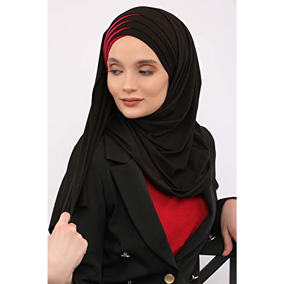 Aisha's Design Hijab Muslim Scarves for Women,0 Cotton Presewn Jersey Shawl Turban, 2-Color, Black - Dark Red