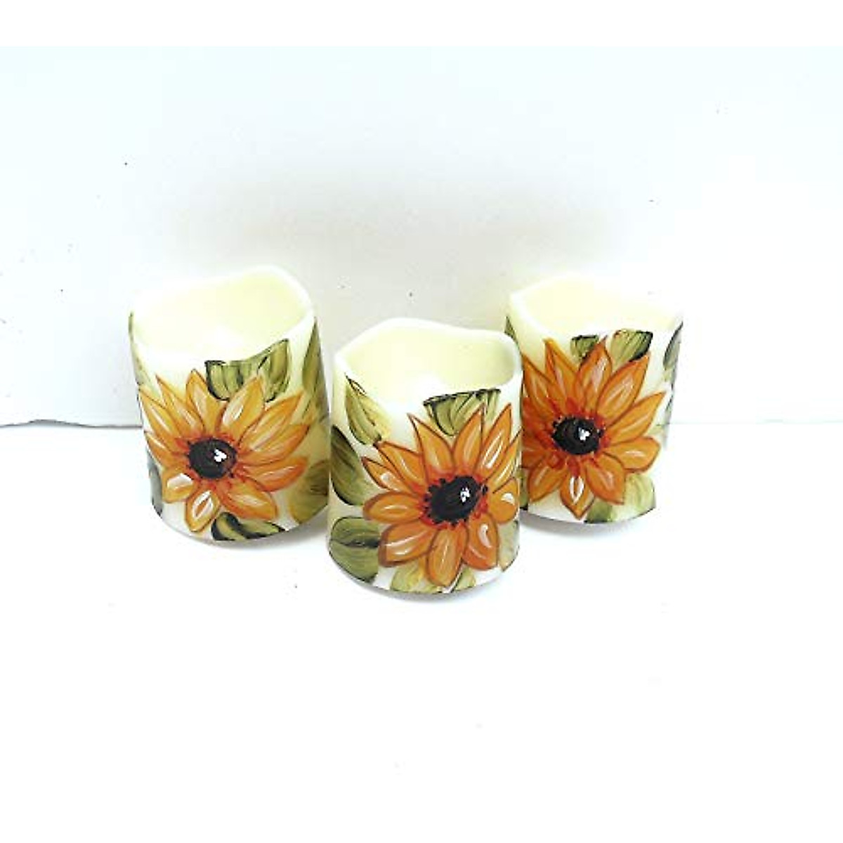 Decorative Small 1 1/2 Inch Off White Plastic Battery Operated Flameless Flickering Flame Votive Candles Set of Three with Hand Painted Sunflowers Boho Decor Goddess Arts Collection