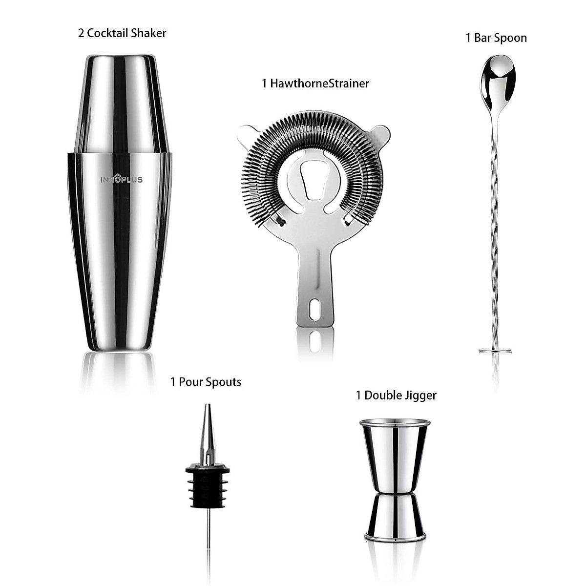 Cocktail Shaker, Martini Shaker, Drink Shaker, Cocktail Shaker Set 6 Piece, Boston Shaker, Bar Set, Cocktail Strainer, Bar Tools, Bartender Kit, Stainless Steel Double Measuring Jigger, Mixing Spoon