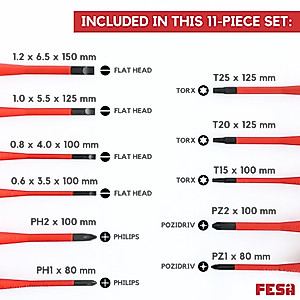 FESA Electrician Insulated Screwdriver Set - 1000V 11-Piece Professional Electrician Screwdriver Set with Magnetic S2 Steel Tips - Pozidriv, Phillips, Flathead or Slotted & Torx - Insulated Tools