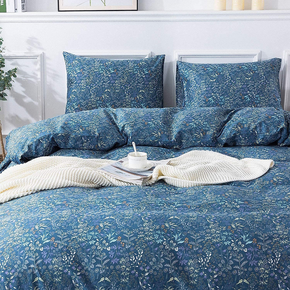 VM VOUGEMARKET Blue Floral Duvet Cover Cotton Botanical Plant Weeds Bedding Set Feminine Comforter Cover with Zipper-Full/Queen,Weeds