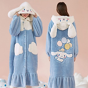 MEOKIM Women's robe button bathrobe Women's hoodie coat plush warm pajamas Long sleepwear with cute pattern pocket pajamas (Cloud Dog,XL)