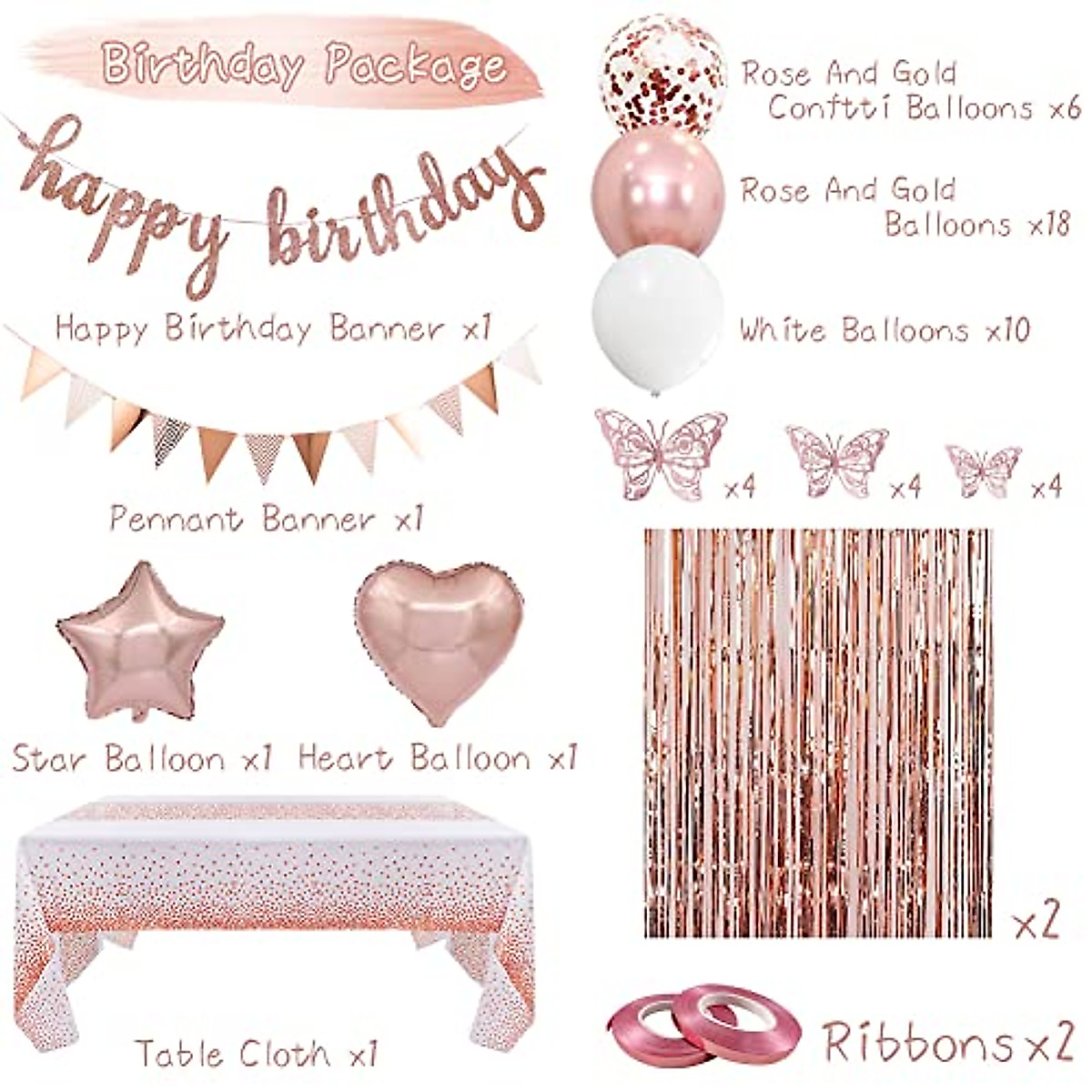 Rose Gold Birthday Decorations, Happy Birthday Banner Rose Gold, Rose Gold Balloons, Rose Gold Tablecloth Fringe Curtains, Pennant Banner and 3D Butterfly Stickers for Women Girls Birthday Party Supplies