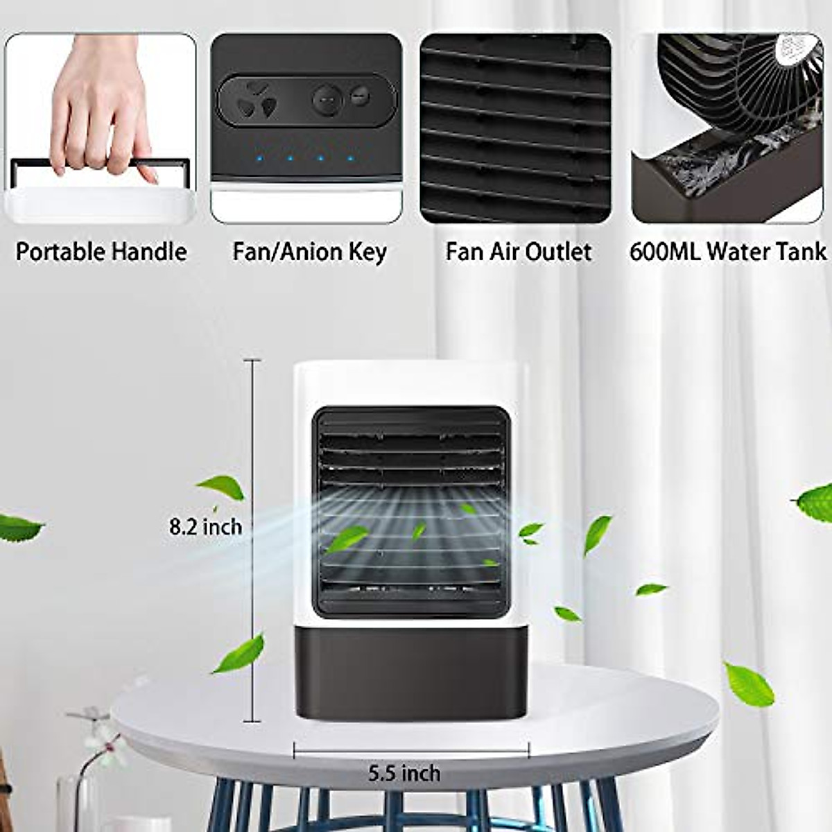 OVPPH Portable Air Conditioner, Personal Air Cooler Fan Mini Evaporative Cooler Desk Table Fan, Quiet Air Circulator Humidifier Misting Fan with 3 Speeds for Home Bedroom Office, White