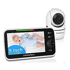 ChildsFarm Baby Monitor with Camera and Audio, 5 Inch Remote Pan-Tilt-Zoom Video Baby Monitor with Screen, No WiFi, Night Vision, 2-Way Talk, Temperature, 1000ft, 26-Hour Battery, Gift Idea