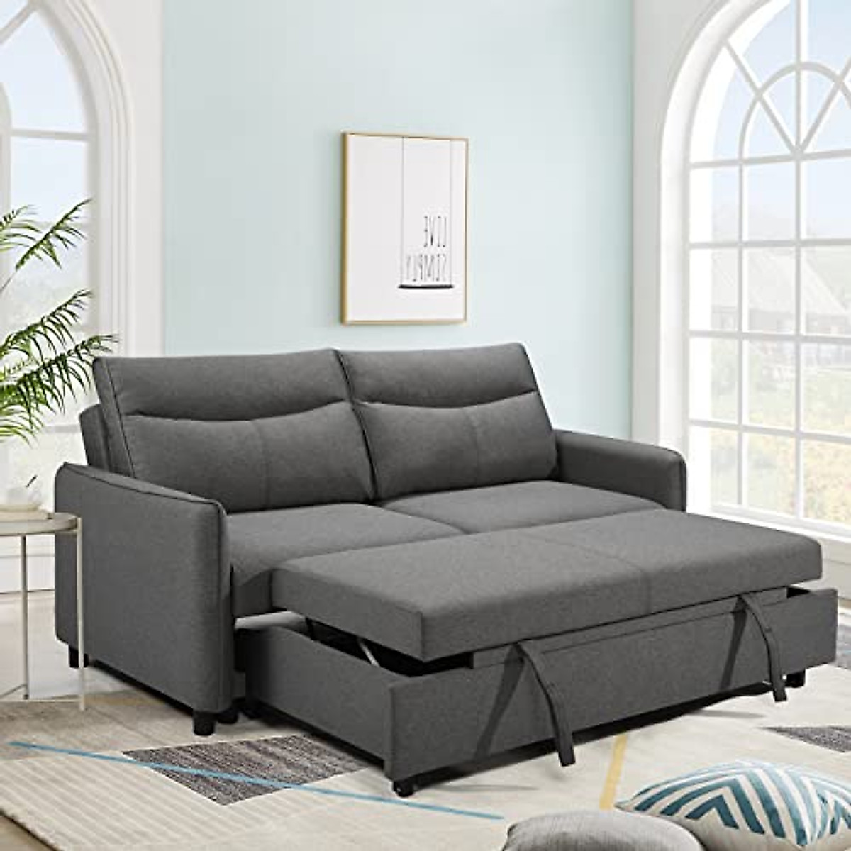 3-In-1 Loveseat Futon Sofa Convertible Queen Size Bed，74.41" Modern Fabric Upholstered Couch w/Pull Out Sofabed, 2 Seater Love Seat Lounge Chaise w/Reclining Backrest, Furniture for Living Room