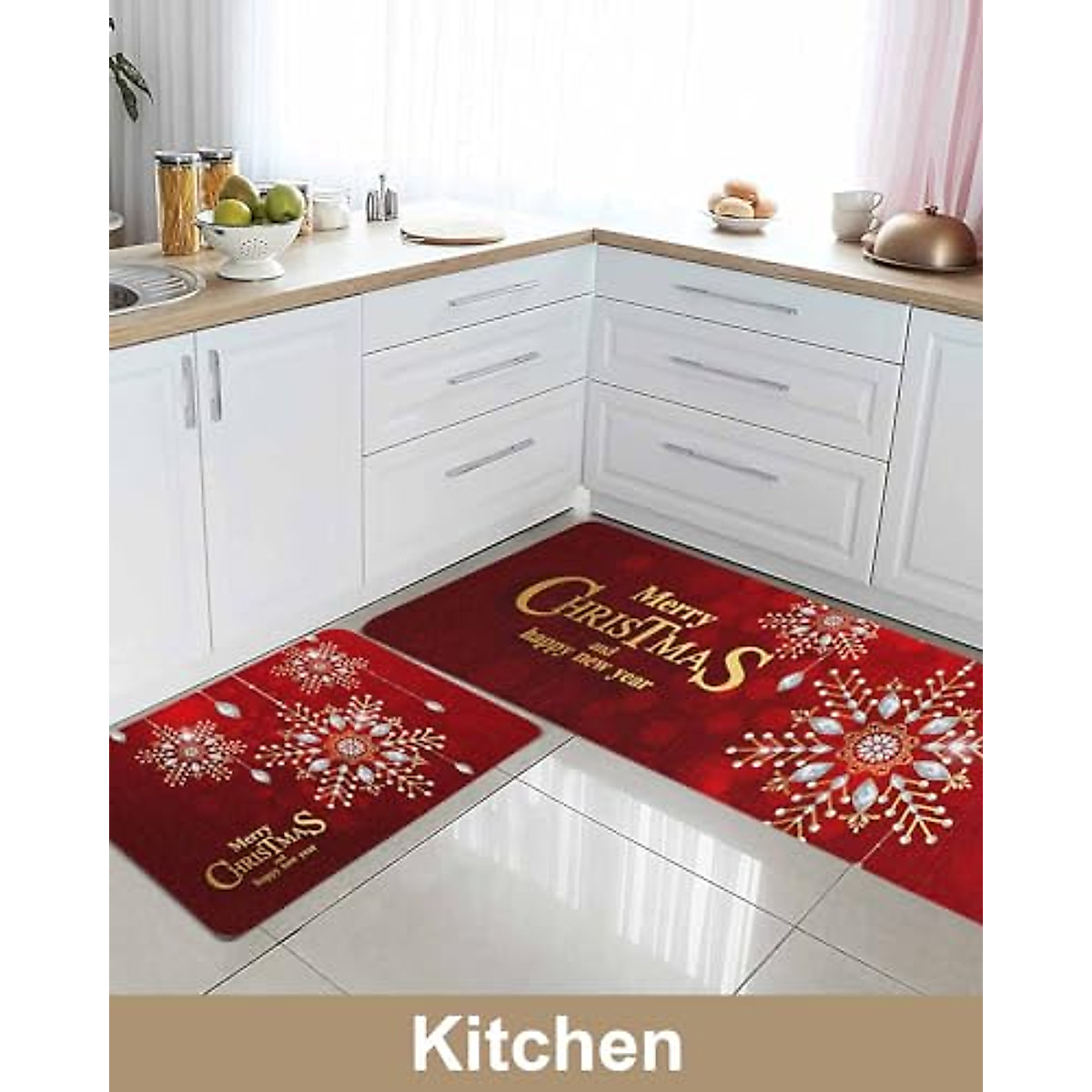 JasmineM Christmas Snowflake Shiny Diamonds Kitchen Rugs and Mats Set of 2, Christmas Decorations Indoor Outdoor Kitchen Floor Mats, Xmas Non-Slip Runner Rug for Bathroom Living Room, Red