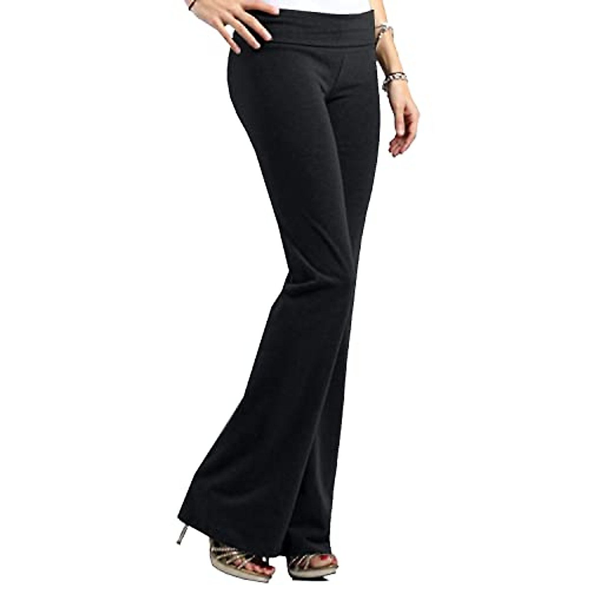 CNC STYLE P001 Women's Comfy Cotton Foled Waist Stretch Bootcut Yoga Leggings High Waisted Bootleg Flare Work Pants, Black, Large