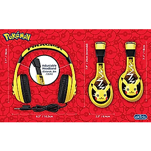 Pokemon Pikachu Kids Headphones, Adjustable Headband, Stereo Sound, 3.5Mm Jack, Wired Headphones for Kids, Tangle-Free, Volume Control, Children's Headphones On Ear for School Home, Travel