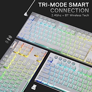 Redragon K621 Horus TKL Wireless RGB Mechanical Keyboard, 5.0 BT/2.4 Ghz/Wired Three Modes 80% Ultra-Thin Low Profile BT Keyboard w/Dedicated Media Control & Tactile Brown Switches, White