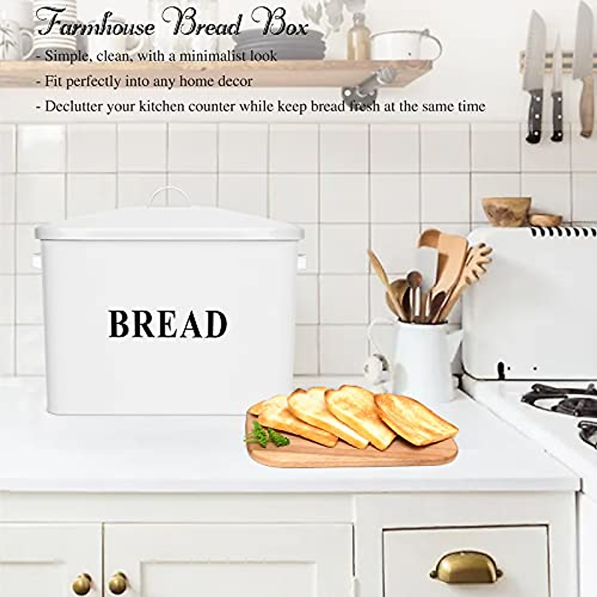 E-far Bread Box, Metal Bread Box with Lid for Kitchen Countertop, Large Bread Bin Holder Storage Container - 13" x 9.8" x 7.3" - Holds 2+ Loaves, Modern Farmhouse & Vintage Style - White