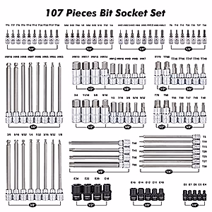 CASOMAN 107 Pieces Bit Socket Set, 1/4", 3/8" and 1/2" Drive, Torx/Extra Long Torx/Tamper Proof Torx/Hex/Ball End Hex, SAE/Metric, S2 Steel Bits