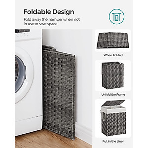 SONGMICS Laundry Hamper with Lid, 90L Clothes Hamper with 2 Removable Liner Bags, 6 Mesh Bags, Wicker Laundry Basket, Double Laundry Hamper for Bathroom, 13 x 18.1 x 23.6 Inches, Gray ULCB251G01V1
