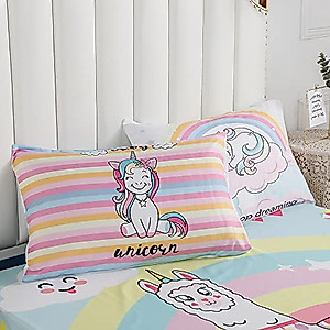 Roscloud Girls Unicorn Bed Sheets Sets Full Size - 3PC Memaind Rainbow Kids Fitted Sheet（Fitted Sheet x 1 Pillowcases x 2）