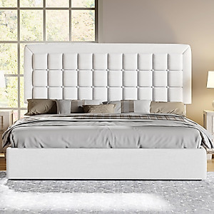 Jocisland Queen Size Bed Frame with Lift Up Under Bed Storage Upholstered Platform Bed with Headboard/No Box Spring Needed/White