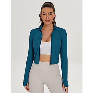 Ivicoer Women's Cropped Running Workout Jackets Lightweight Zip Slim Fit Athletic Tops with Thumb Holes Navy Blue, L