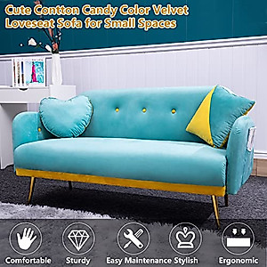 Betoko Tufted Velvet Loveseat Sofa Stylish Color Block Love Seats Couches Cute Cotton Candy Loveseat Sofas for Living Room Bedroom with Golden Metal Legs and Side Pockets (Light Blue)