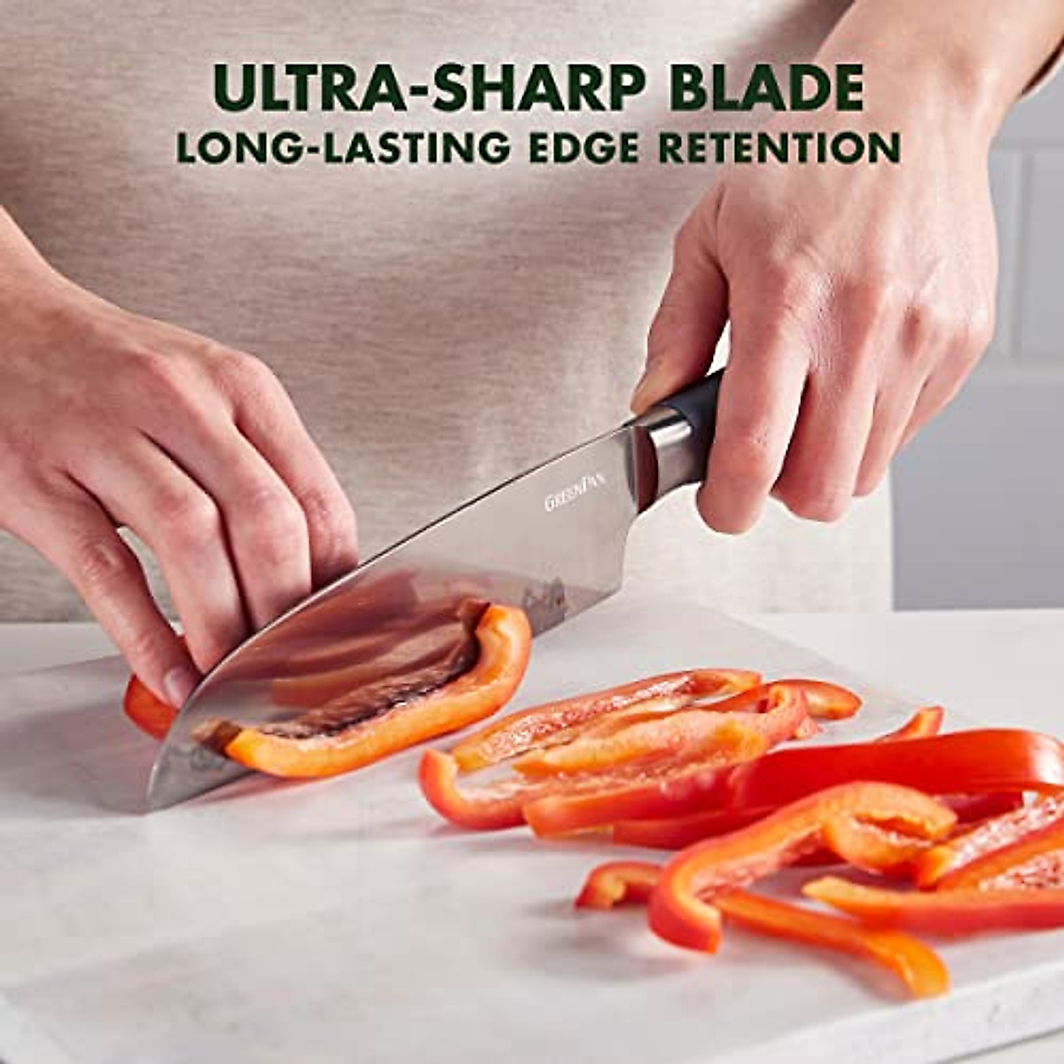 GreenPan Titanium 7" Santoku Knife, Titanium Coated, Stainless Steel, Eco-friendly, Ergonomic Grip, Slip Resistant, Balanced, Heat Treated, Hand Sharpened, Dishwasher Safe