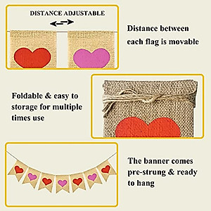 FAKTEEN Heart Banner Valentine's Day Decorations, Red Pink Hearts Garland Burlap Bunting for Wedding Bridal Shower Anniversary Party Décor