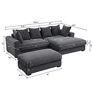 DREAMODERN 109.75'' Sectional Sofa Couch with Removable Ottoman, Luxury Upholstered Sofa Corduroy Fabric Couch with Chaise Lounge 6 Pillows for Living Room Home Office - Drak Gray