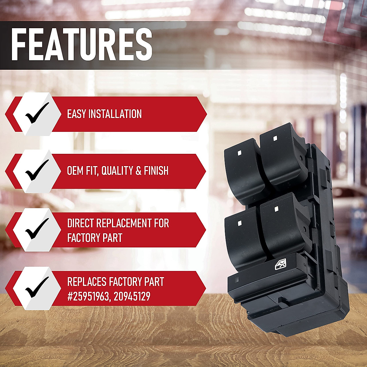 Driver Side Power Window Switch - Compatible with Chevrolet, GMC Vehicles - 2007-2015 - Silverado 1500, 2500HD, Sierra 3500HD, Traverse, HHR - Replaces 25951963, 20945129, 25789692, D1954F, D1954F129