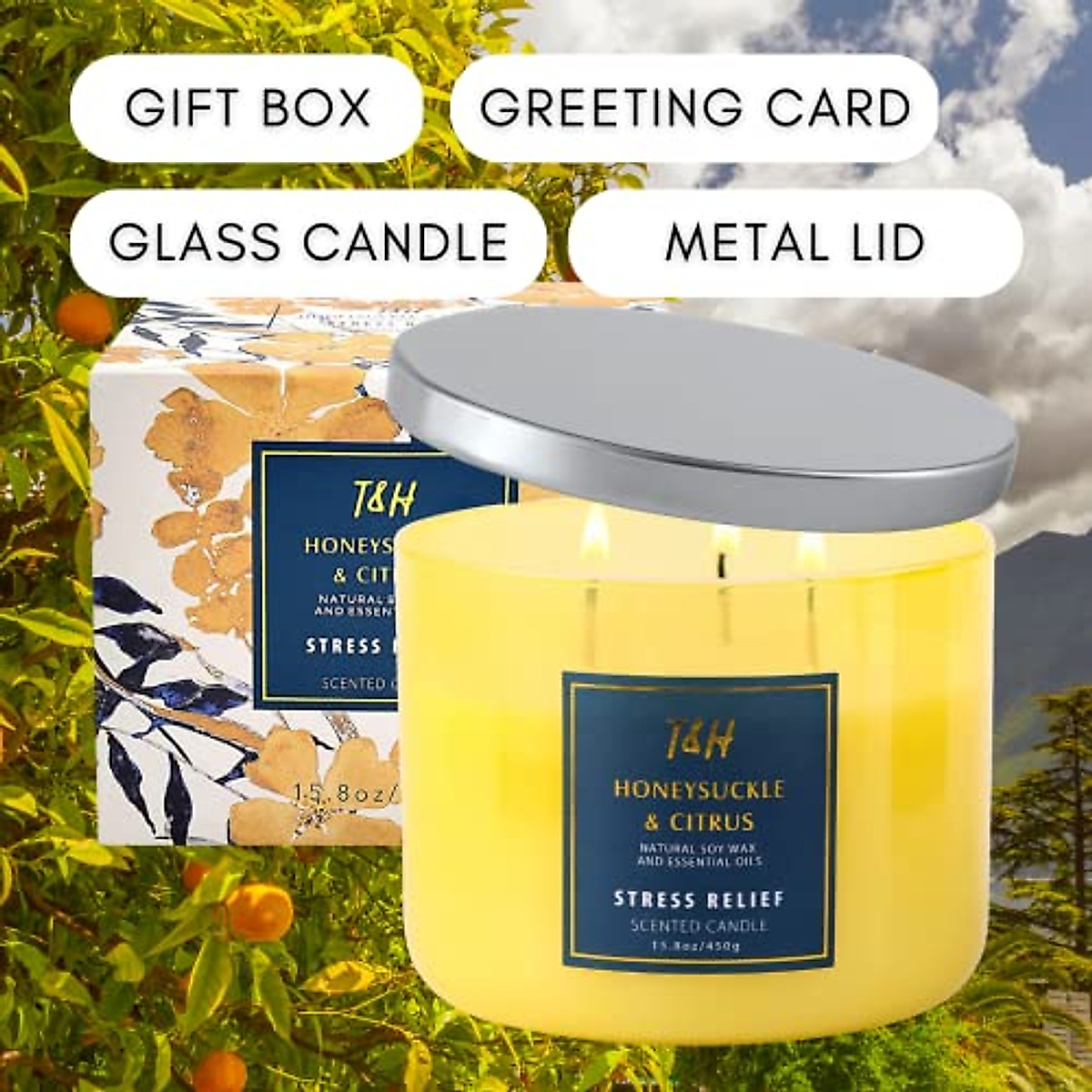 Large 3 Wick Scented Candle - Honeysuckle Citrus Stress Relief Aromatherapy Candle with Grapefruit, Mint & Rose - 15.8 oz Natural Soy Candles for Men and Women - Scented Spring Candles for Home