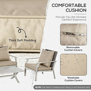 Outsunny 4 Pieces Patio Furniture Set with Cushions, Outdoor Wicker Conversation Sofa Sets, Aluminum Frame Sofa Sets for Backyard, Poolside, Garden, Beige