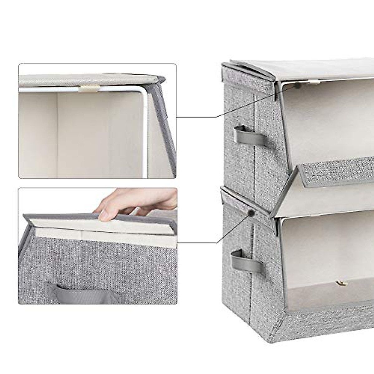 SONGMICS Stackable Storage Bins, Set of 2 Fabric Storage Boxes with Lids, with Magnetic Closures, Lid Can Stay Open after Stacking, ‎19.7 x 13.8 x 9.8 Inches, Light Gray URLB03GY