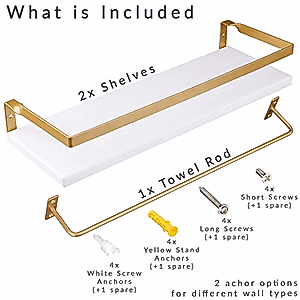 Peter's Goods Modern Floating Shelves with Rail, Modern Brass Finish, Set of 2 Shelves - Wall Mounted Bathroom Wall Shelves with Towel Bar - Also Perfect for Bedroom Decor and Kitchen Storage