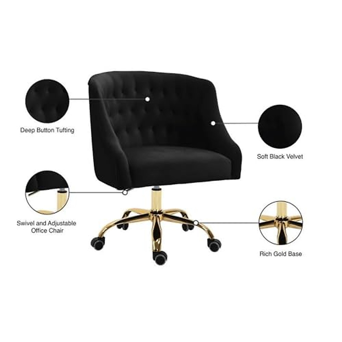 Pemberly Row Contemporary Velvet Swivel Adjustable Office Chair in Black