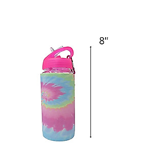 Kid's Pink Lid Water Bottle with Removable Retro Tie Dye Neoprene Sleeve, Fun Drink Bottles for School Lunches or To-Go, 8 Inches