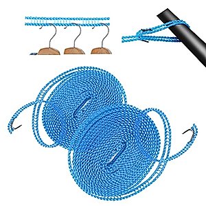 HISAFA 2 Pack Portable Clothes Line with Hooks 16.4 ft Nylon Blue